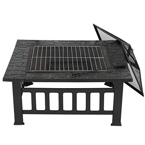 ZenStyle 32β Heavy Duty Square Fire Pit Outdoor Metal Firepit Wood Burning Fireplace w/Waterproof Dust Cover Patio Backyard Garden Stove Faux-Stone Finish