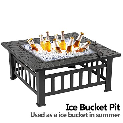 ZenStyle 32β Heavy Duty Square Fire Pit Outdoor Metal Firepit Wood Burning Fireplace w/Waterproof Dust Cover Patio Backyard Garden Stove Faux-Stone Finish