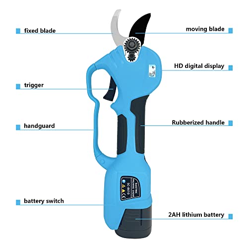 SUCA electric pruning shears Cordless tree pruner branch cutter pruners for gardening with 2pcs 2Ah Lithium Battery Powered 4-7 Working Hours Tree Branch Pruner LCD Display Screen (blue 1.1 inch)