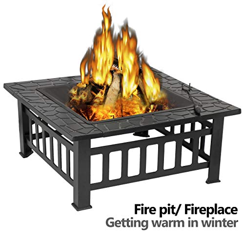 ZenStyle 32β Heavy Duty Square Fire Pit Outdoor Metal Firepit Wood Burning Fireplace w/Waterproof Dust Cover Patio Backyard Garden Stove Faux-Stone Finish