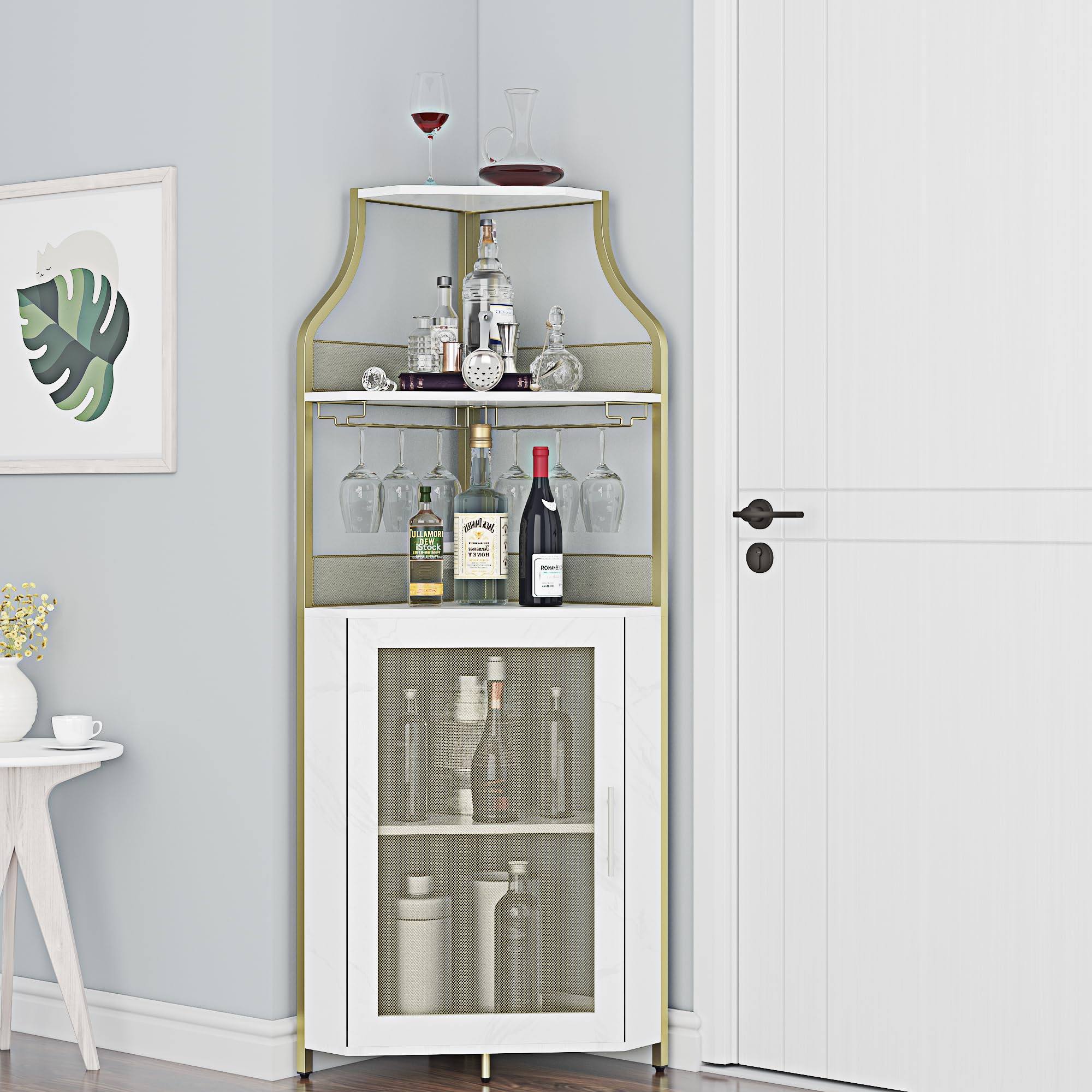 GAOMON Wine Corner Cabinet with Removable Wine Rack, Wine Cabinet and Wine Glass Bar Cabinet with Glass Rack and Mesh Door, Wine Cabinet with Reasonable Functional Partitioning (Gold)