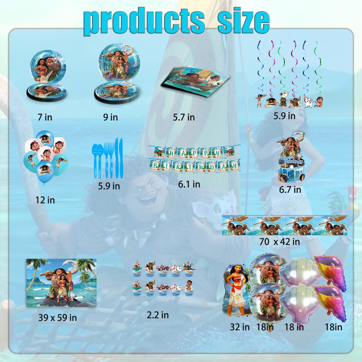 Moana Birthday Party Supplies, Birthday Party Decorations Including Banner Balloons Cupcake Toppers Tablecloth Tableware Background for Moana Theme Party Decorations