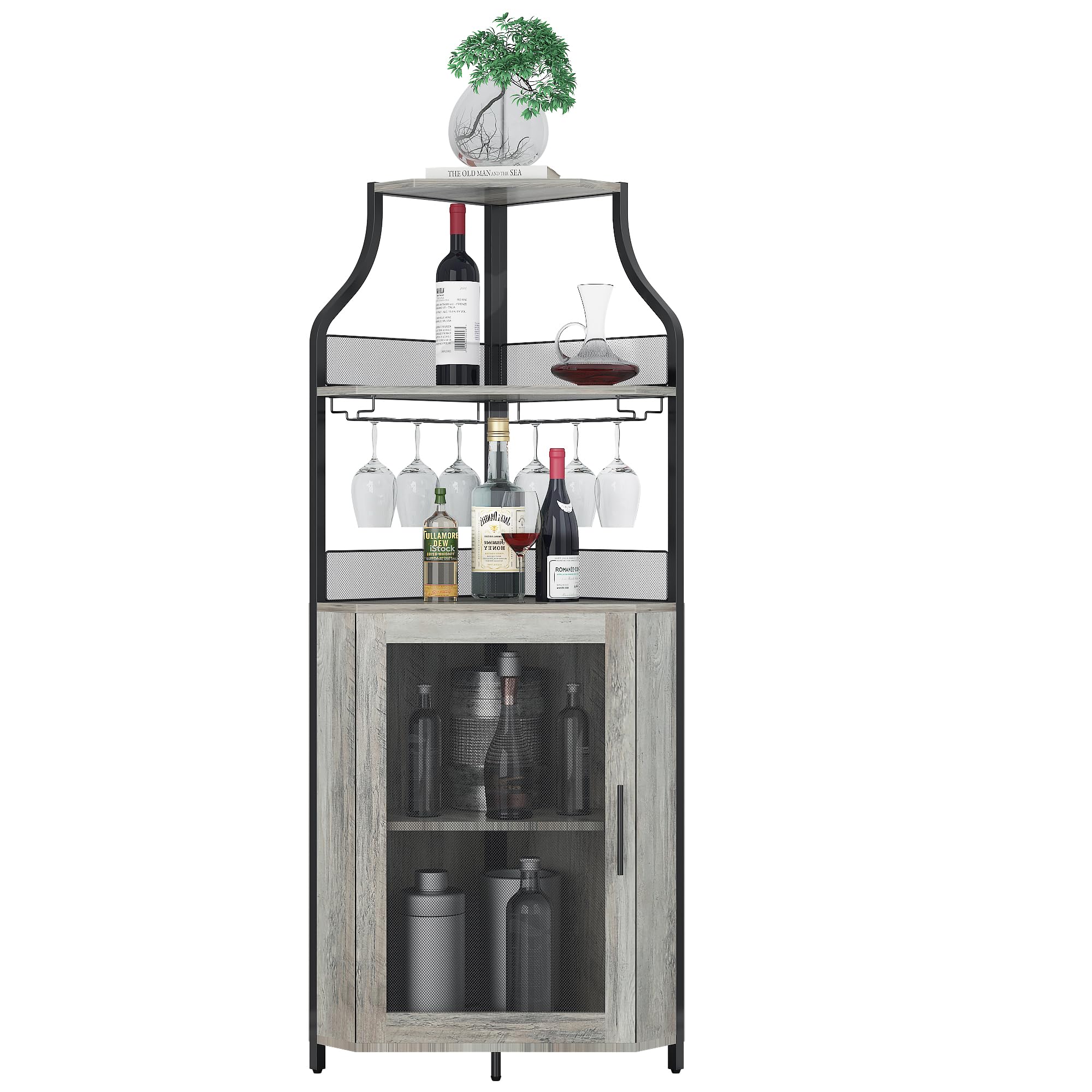 GAOMON Corner Wine Bar Rack Cabinet with Detachable Wine Rack, Bar Cabinet with Glass Holder, Small Sideboard and Buffet Cabinet with Mesh Door (Grey)
