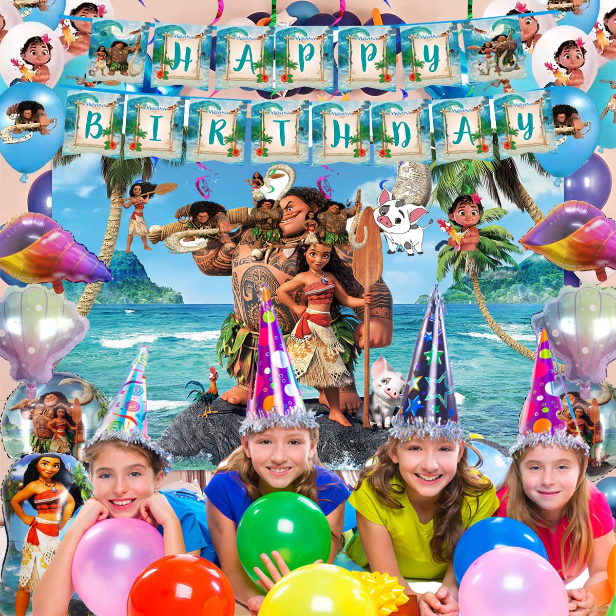 Moana Birthday Party Supplies, Birthday Party Decorations Including Banner Balloons Cupcake Toppers Tablecloth Tableware Background for Moana Theme Party Decorations