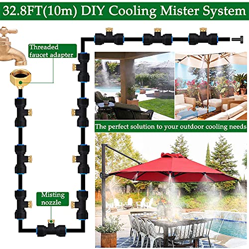 G GOYEA TACTICAL Mister System for Outside Patio,DIY Outdoor Misting Cooling System with 32.8FT(10M) Misting Line,11 Brass Mist Nozzle and 3/4" Faucet Adapter,Fit for Greenhouse Garden Backyard