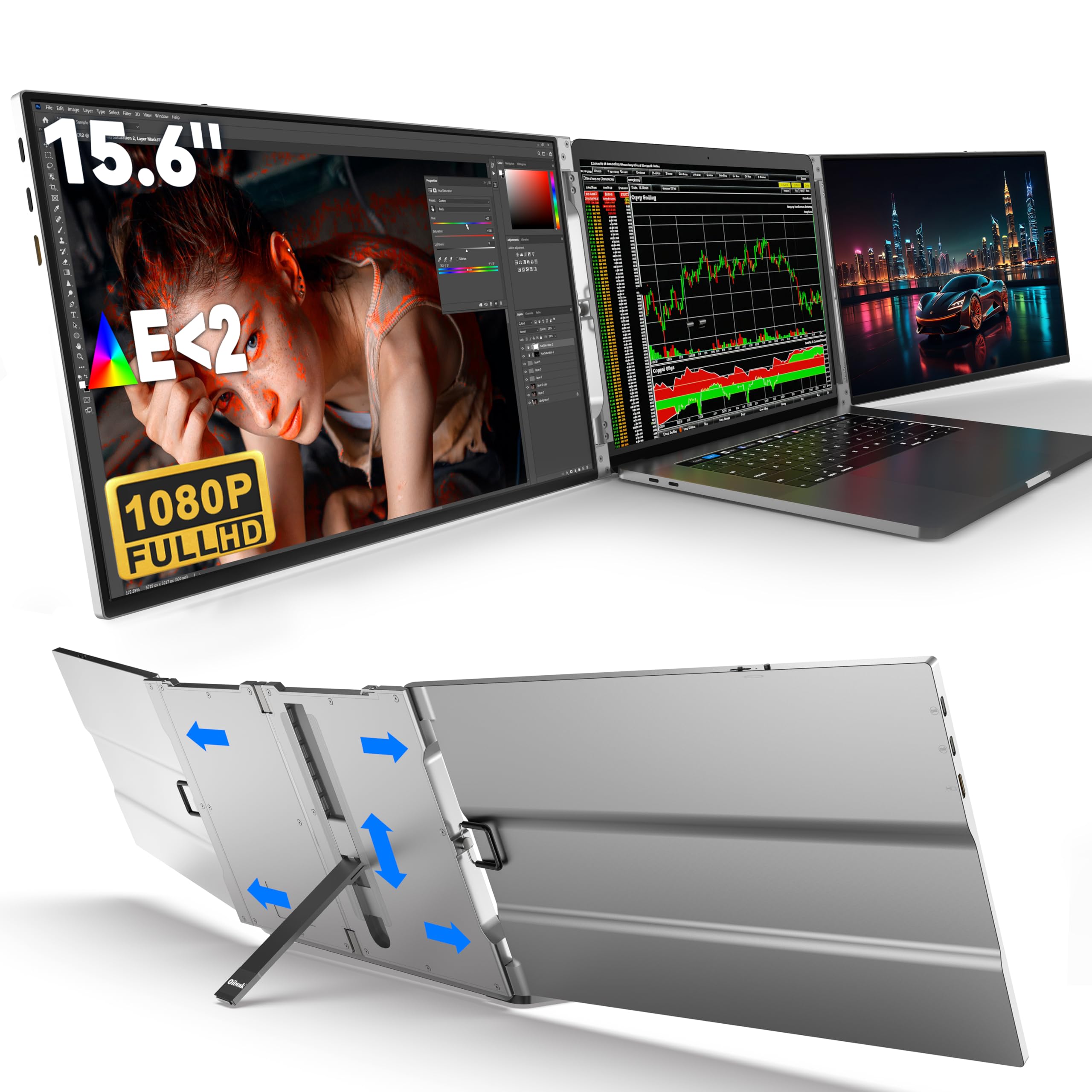 Oiiwak OK15 Two Laptop Screen Extender 15.6 Inch FHD 1080P 16:9 IPS Triple Monitor for 13.3-16" Notebooks Plug-Play Compatible with Windows 10/11 Featuring Type-C/HDMI/USB-C