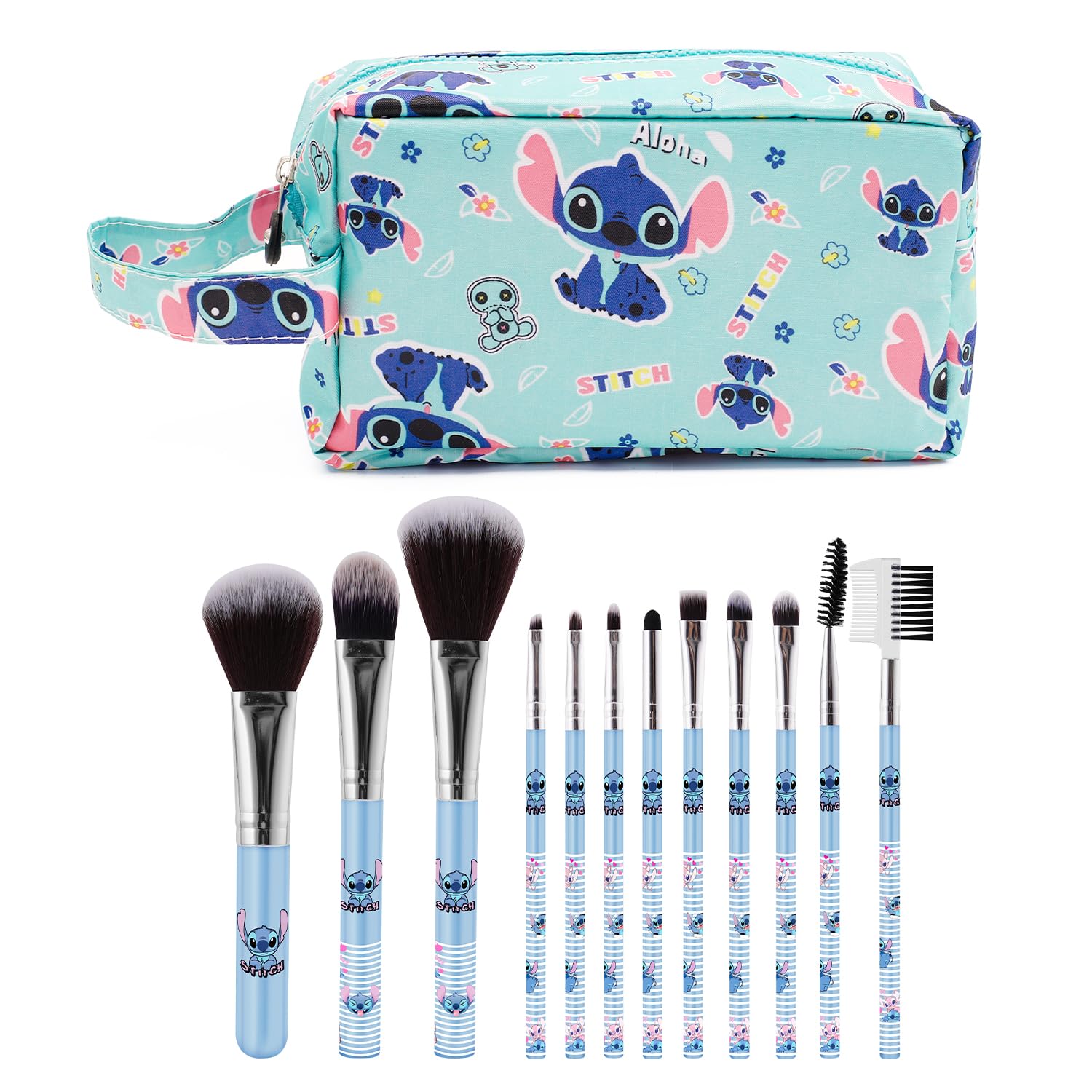 U-CHYTY Stitch Makeup Bag with Makeup Brush Stitch Plush Cosmetics Case Stitch 12 Pcs Cosmetic Brush Capacity Bag for Women Girl-bag (S-12PCS brushes+caseA)