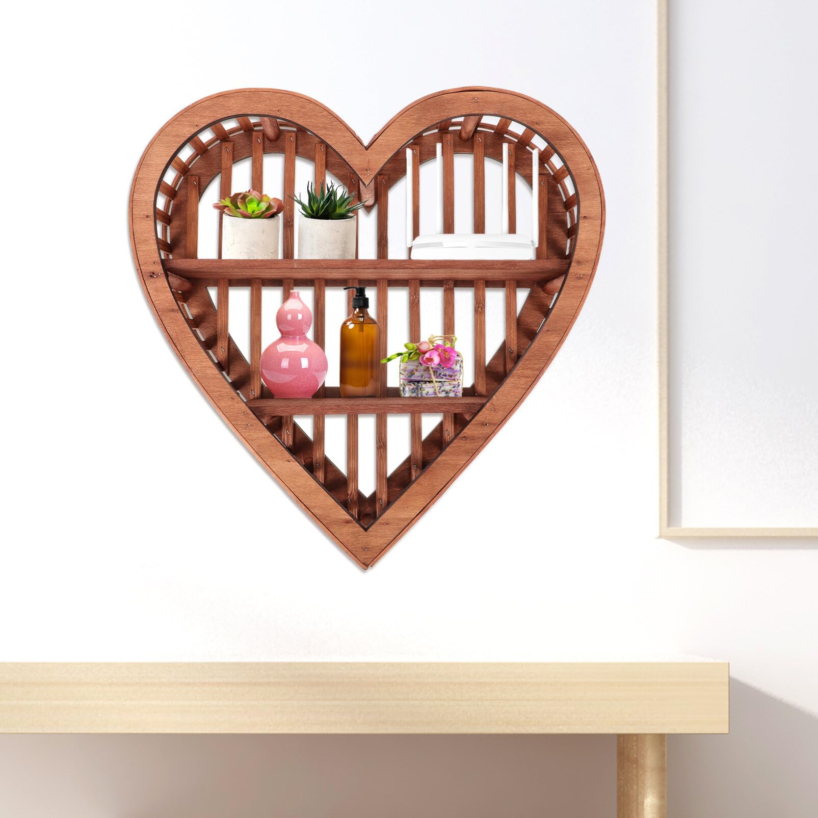 Uonlytech Decorate Decor Wooden Heart Display Shelf Heart Shelf for Hanging Wall Heart Shape Shelf Heart Shape Display Shelf Wood Heart Display Shelf Wall Heart Shelf Heart-Shaped Frame