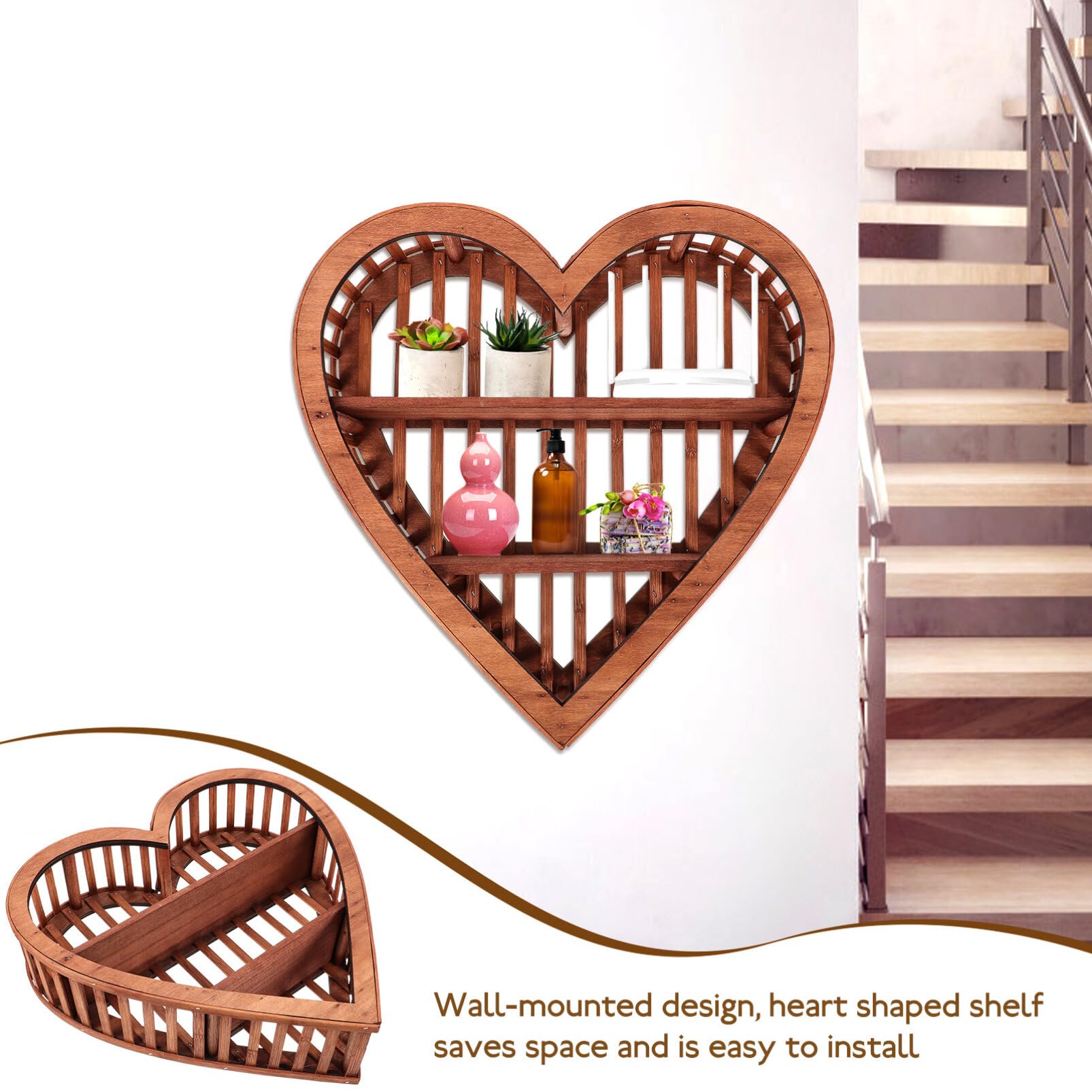 Uonlytech Decorate Decor Wooden Heart Display Shelf Heart Shelf for Hanging Wall Heart Shape Shelf Heart Shape Display Shelf Wood Heart Display Shelf Wall Heart Shelf Heart-Shaped Frame