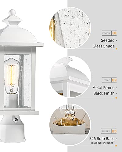 FEMILA Dusk to Dawn Outdoor Post Light, Waterproof Pole Lantern Light Fixture, Exterior Lamp Posts Outdoor Lighting for Garden Patio Yard Pathway Driveway, Seeded Glass Panel, 4FD54P-PC WH