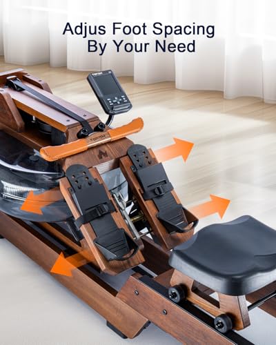 TOPIOM Water Rowing Machine for Home Use, Solid Wood Rower Machine with Upgraded Handle and Adjustable Footpad, TM3 Dedicated Monitor & Bluetooth Connection (Natural Adjust Footpad)