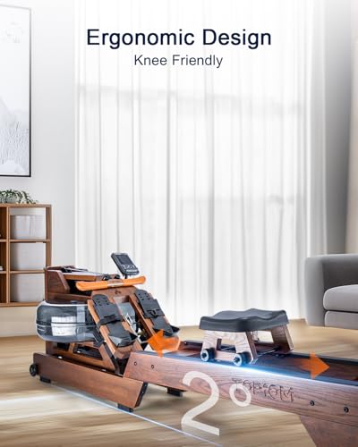 TOPIOM Water Rowing Machine for Home Use, Solid Wood Rower Machine with Upgraded Handle and Adjustable Footpad, TM3 Dedicated Monitor & Bluetooth Connection (Natural Adjust Footpad)