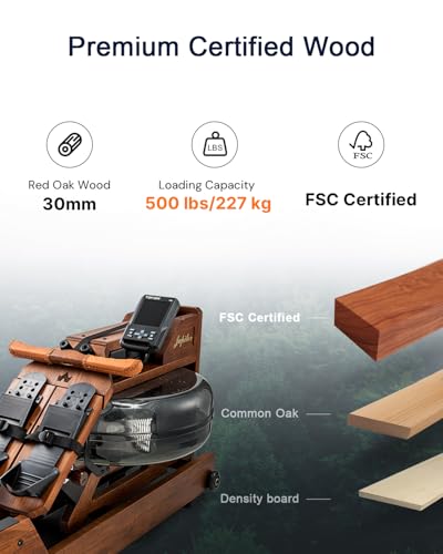 TOPIOM Water Rowing Machine for Home Use, Solid Wood Rower Machine with Upgraded Handle and Adjustable Footpad, TM3 Dedicated Monitor & Bluetooth Connection (Natural Adjust Footpad)