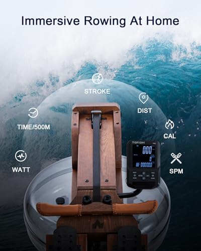 TOPIOM Water Rowing Machine for Home Use, Solid Wood Rower Machine with Upgraded Handle and Adjustable Footpad, TM3 Dedicated Monitor & Bluetooth Connection (Natural Adjust Footpad)