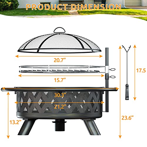 Amopatio Fire Pit with Mat & Cover, 30 Inch Large Outdoor Wood Burning Fire Pits, Patio Backyard Firepit with Steel BBQ Grill Cooking Grate, Spark Screen & Poker for Garden, Bonfire, Camping, Picnic