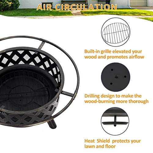 Amopatio Fire Pit with Mat & Cover, 30 Inch Large Outdoor Wood Burning Fire Pits, Patio Backyard Firepit with Steel BBQ Grill Cooking Grate, Spark Screen & Poker for Garden, Bonfire, Camping, Picnic