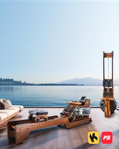 TOPIOM Water Rowing Machine for Home Use, Solid Wood Rower Machine with Upgraded Handle and Adjustable Footpad, TM3 Dedicated Monitor & Bluetooth Connection (Natural Adjust Footpad)