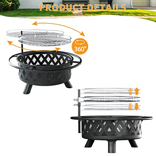 Amopatio Fire Pit with Mat & Cover, 30 Inch Large Outdoor Wood Burning Fire Pits, Patio Backyard Firepit with Steel BBQ Grill Cooking Grate, Spark Screen & Poker for Garden, Bonfire, Camping, Picnic