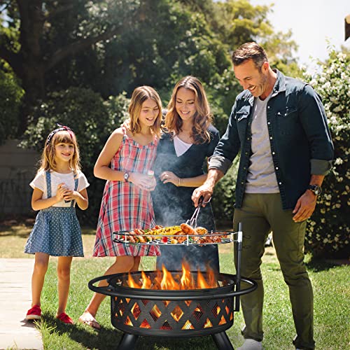 Amopatio Fire Pit with Mat & Cover, 30 Inch Large Outdoor Wood Burning Fire Pits, Patio Backyard Firepit with Steel BBQ Grill Cooking Grate, Spark Screen & Poker for Garden, Bonfire, Camping, Picnic