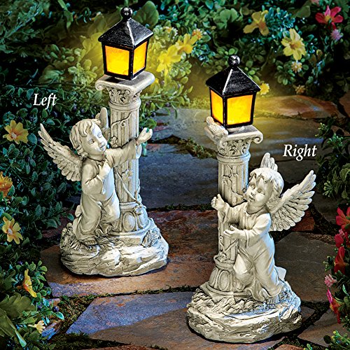 Collections Etc Solar Powered Light-up Lantern with Cherub Figurine - Intricate Carved Details in Cherub and Light Post Displays, Resin Material Safe for All Weather, Silver
