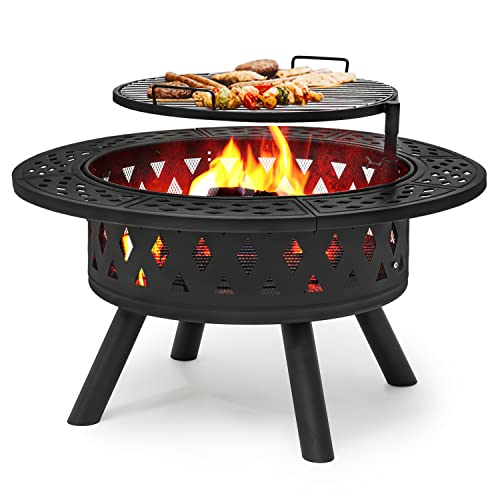 MoNiBloom 38" Wood Burning Fire Pit Metal Backyard Patio Round Table Outdoor Heating and Cooking Grill Rack Grate for Garden Picnic Camping Bonfire, Black