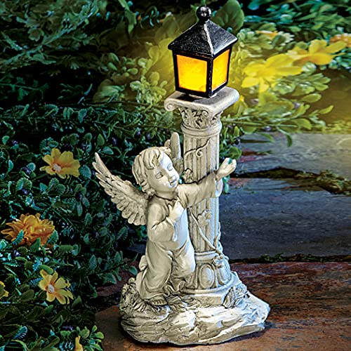 Collections Etc Solar Powered Light-up Lantern with Cherub Figurine - Intricate Carved Details in Cherub and Light Post Displays, Resin Material Safe for All Weather, Silver