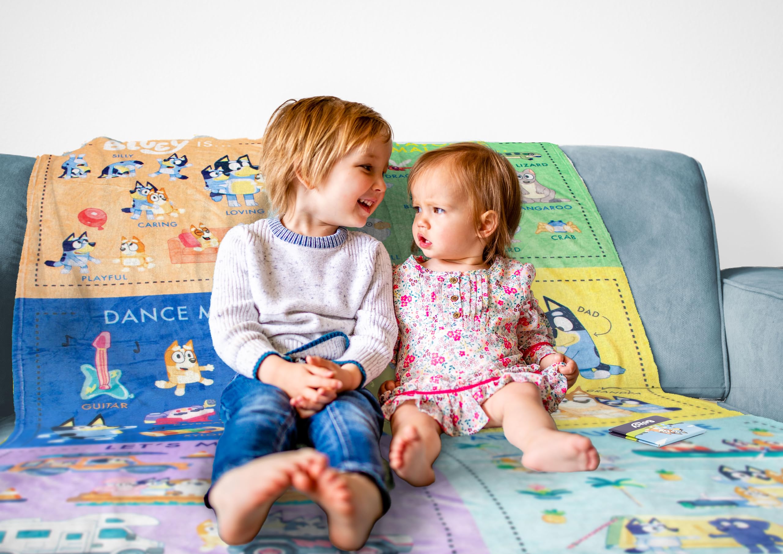 Jay Franco Bluey Early Education Learning Blanket - Measures 60 x 90 Inches - Super Soft Plush Teaching Blanket for Children – Music, Vehicles & Animals Kids Bedding