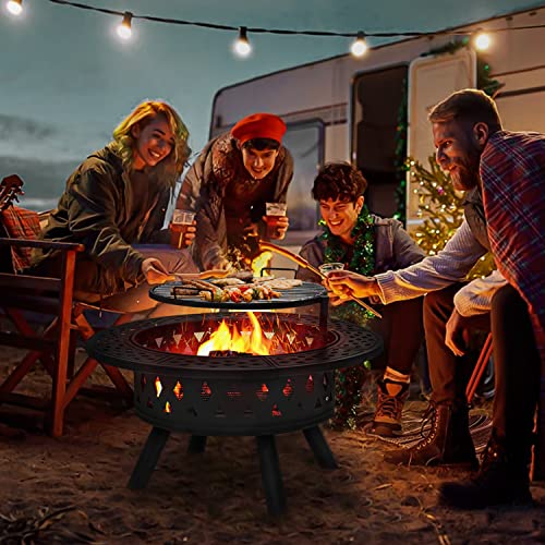 MoNiBloom 38" Wood Burning Fire Pit Metal Backyard Patio Round Table Outdoor Heating and Cooking Grill Rack Grate for Garden Picnic Camping Bonfire, Black