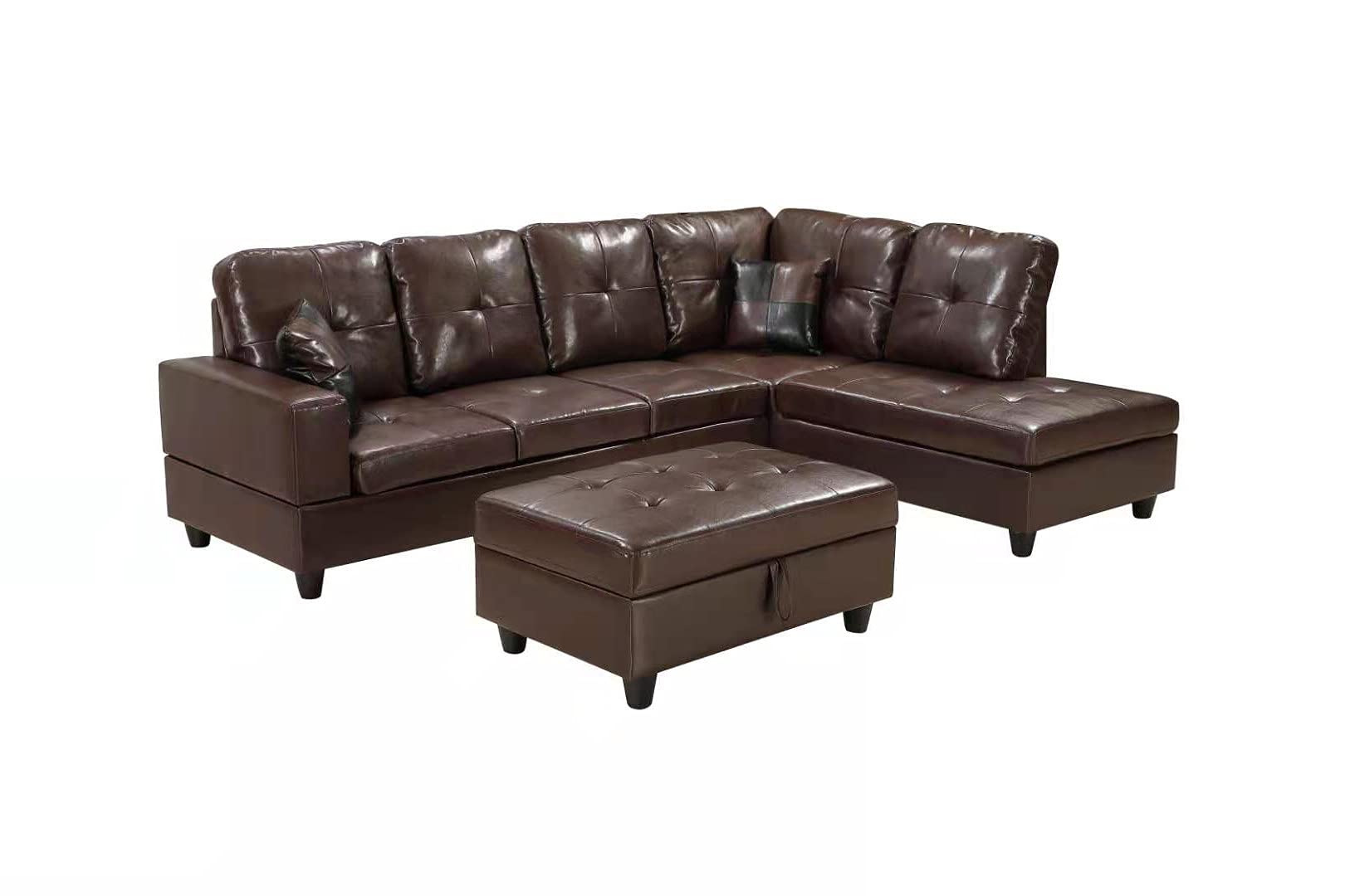 GINGVAT Faux Leather Sectional Sofa Furniture Set, L-Shape Couch with Right Chaise, Storage Ottoman and 2 Pillows for Apartment Home Hotel,Easy Assembly Required,Brown
