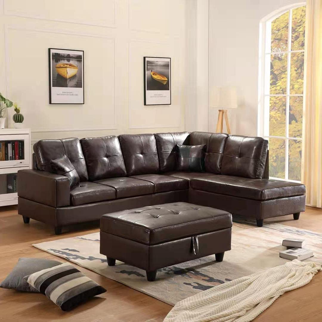 GINGVAT Faux Leather Sectional Sofa Furniture Set, L-Shape Couch with Right Chaise, Storage Ottoman and 2 Pillows for Apartment Home Hotel,Easy Assembly Required,Brown