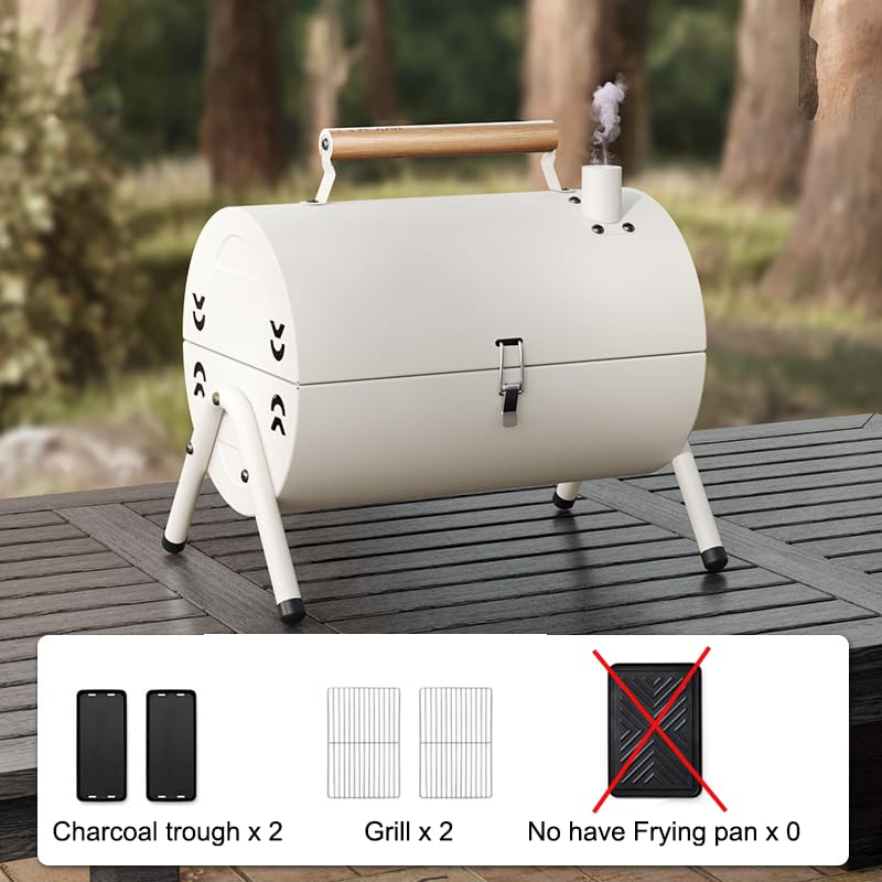 grilling and Frying 2-in-1 double-sided outdoor Charcoal grill , portable bbq grill with lid ,camping grill,mini grill,table top charcoal grills (white no Frying pan)