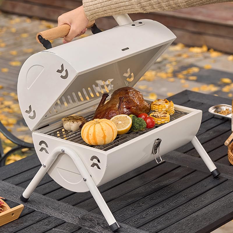 grilling and Frying 2-in-1 double-sided outdoor Charcoal grill , portable bbq grill with lid ,camping grill,mini grill,table top charcoal grills (white no Frying pan)