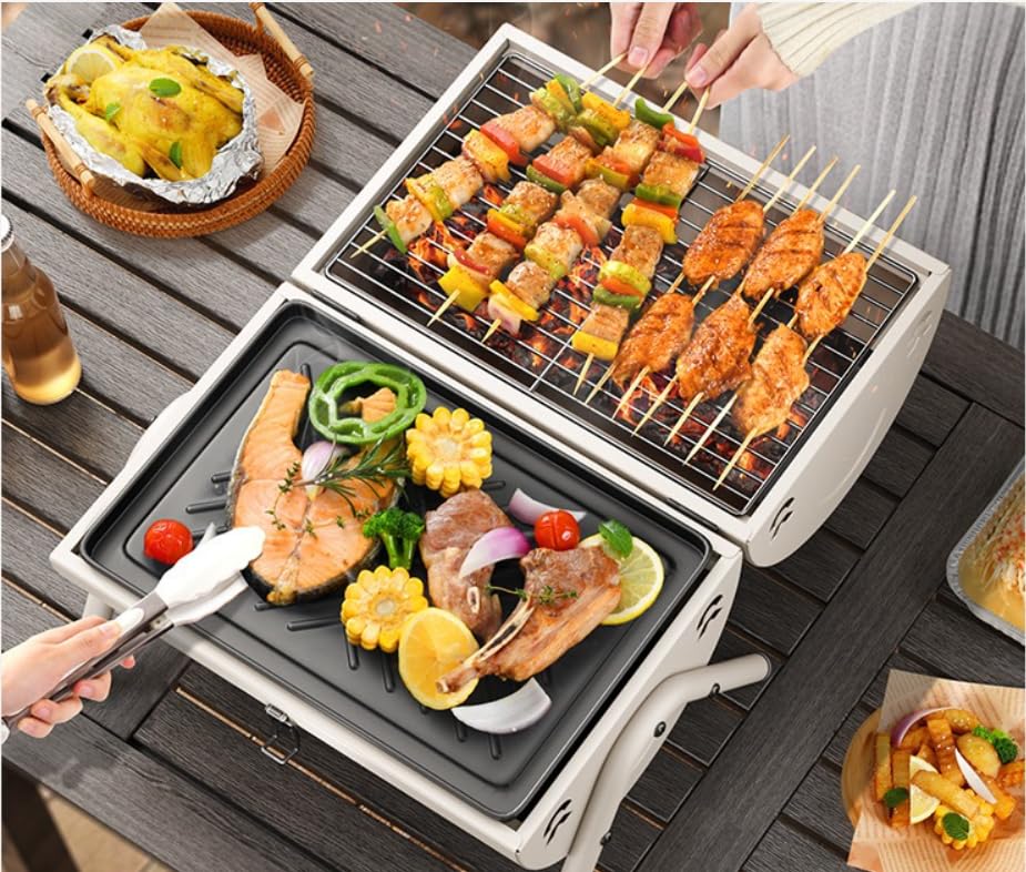 grilling and Frying 2-in-1 double-sided outdoor Charcoal grill , portable bbq grill with lid ,camping grill,mini grill,table top charcoal grills (white no Frying pan)
