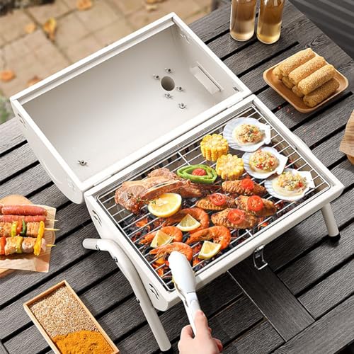 grilling and Frying 2-in-1 double-sided outdoor Charcoal grill , portable bbq grill with lid ,camping grill,mini grill,table top charcoal grills (white no Frying pan)