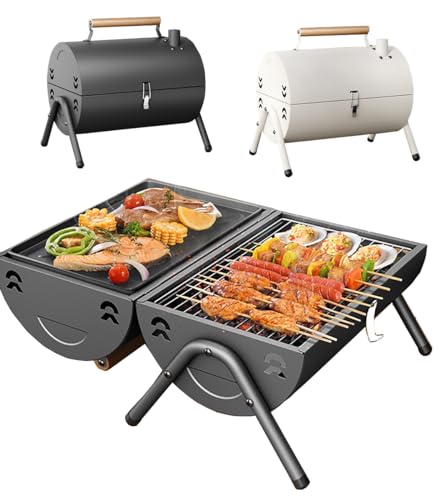 grilling and Frying 2-in-1 double-sided outdoor Charcoal grill ļ¼ portable bbq grill with lid ļ¼camping grillļ¼mini grillļ¼table top charcoal grills (white no Frying pan)