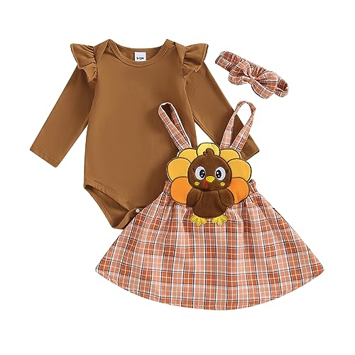 Baby Girls Thanksgiving Outfits Long Sleeve Newborn Romper and Suspender Plaid Skirt Set Infant Fall Winter Clothes (Brown, 3-6 Months)