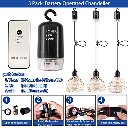 3 Pack Outdoor Battery Operated Chandelier, Small Hanging Rattan Pendant Lights with Remote Control Timer, Warm White Waterproof Lamps for Gazebo Yard Porch Patio Garden Backyard Decor, ALL FORTUNE