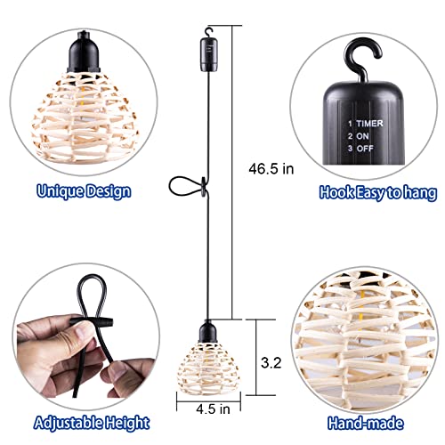 3 Pack Outdoor Battery Operated Chandelier, Small Hanging Rattan Pendant Lights with Remote Control Timer, Warm White Waterproof Lamps for Gazebo Yard Porch Patio Garden Backyard Decor, ALL FORTUNE