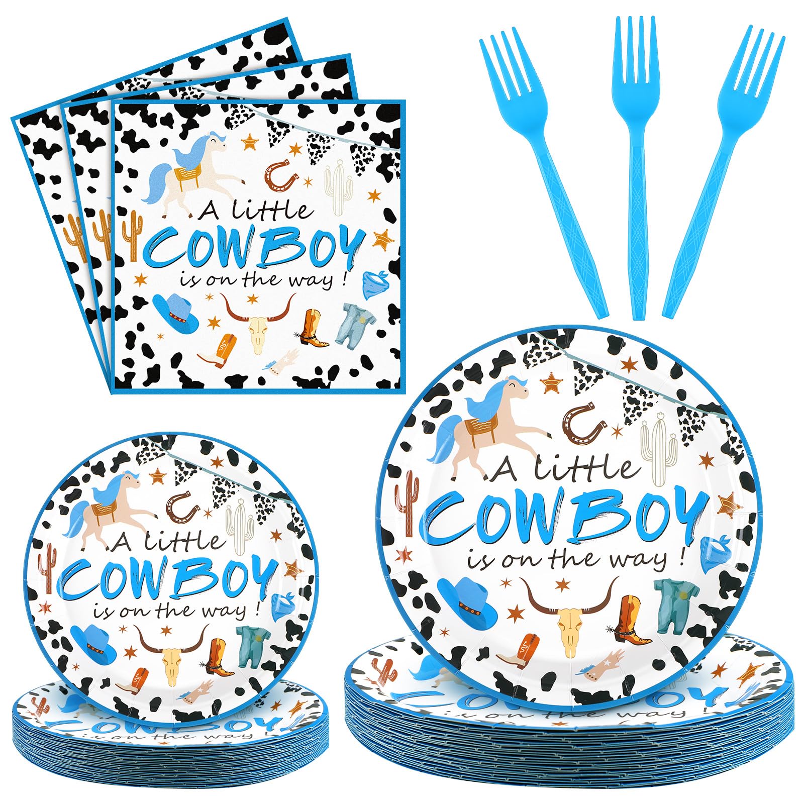 Sunnyray Cowboy Baby Shower Party Decorations Supplies Wild West Theme Party Tableware Set Western Rodeo Cow Country Party Dessert Plates Napkins Forks for 24 Guests Baby Shower Party