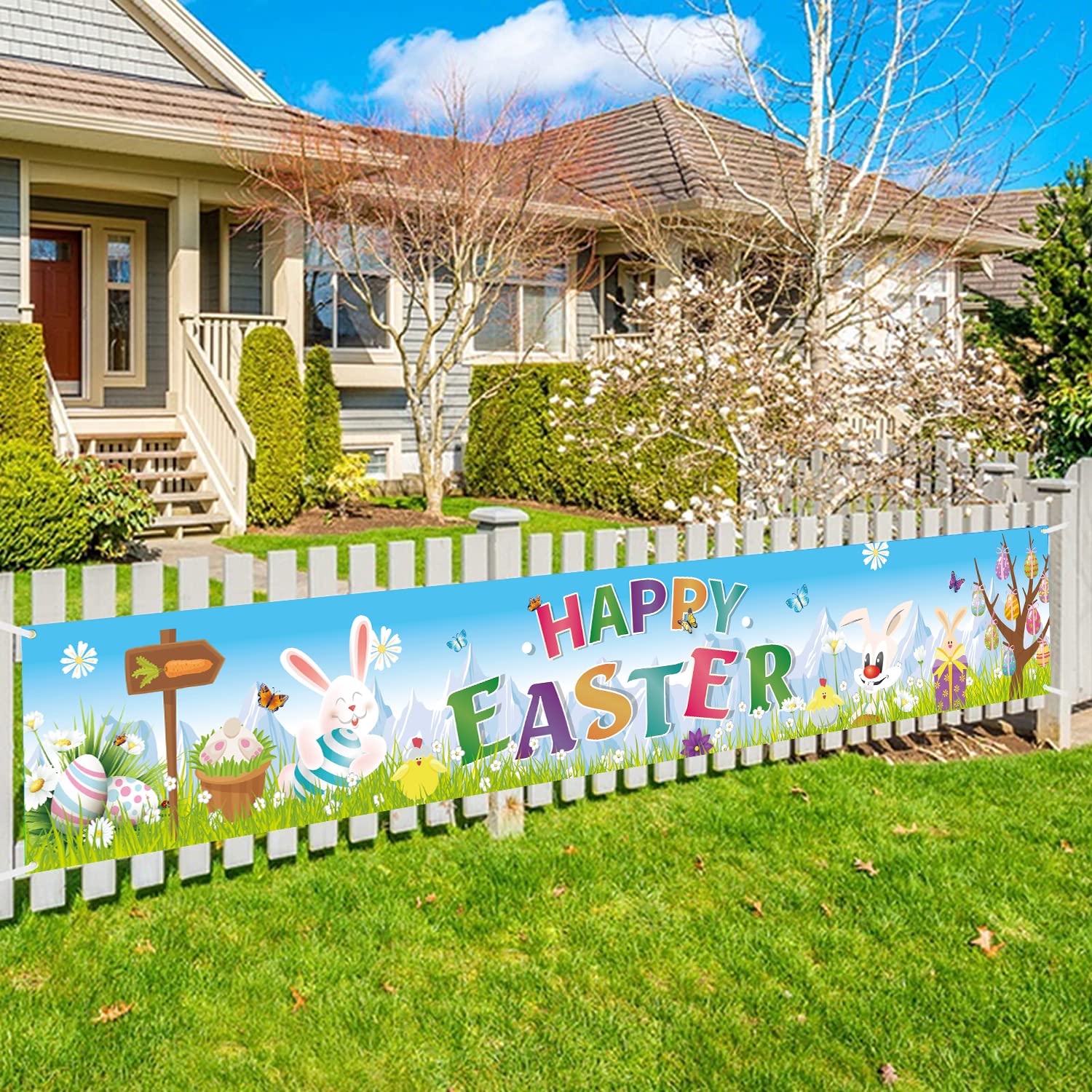 Long Happy Easter Backdrop Banner, Welcome Spring Easter Bunny Colorful Eggs Flower Themed Decoration Banner, Easter Party Supplies for Wall Home Indoor Outdoor Decoration(7.9 x 1.3ft)
