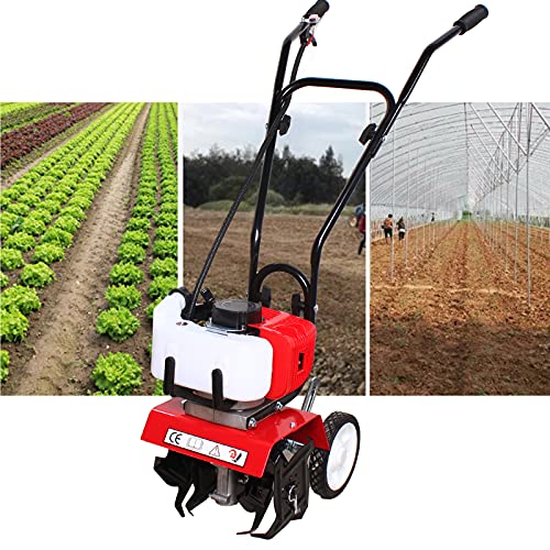 Small Garden Tiller Cultivator, Gas Powered 52cc Rototillers Air-Cooled 2 Stroke Engine Garden Yard Tilling Tool