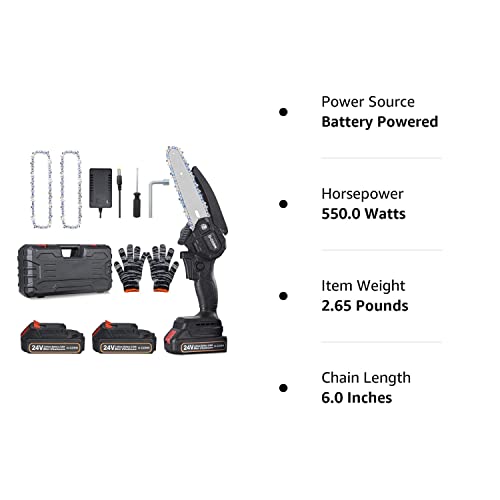 Mini Chainsaw, O-CONN Cordless 6 Inch Handheld Portable Electric Chainsaw with 2 Batteries 2 Chains, 24V Battery Powered with Safety Lock, for Tree Trimming Branch Wood Cutting