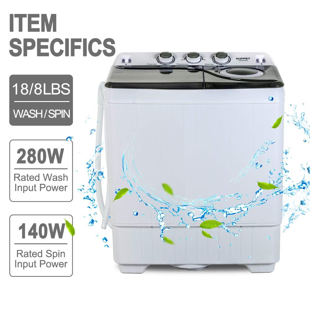 KUPPET Compact Twin Tub Portable Mini Washing Machine 26lbs Capacity, Washer(18lbs)&Spiner(8lbs)/Built-in Drain Pump/Semi-Automatic (White&Gray)