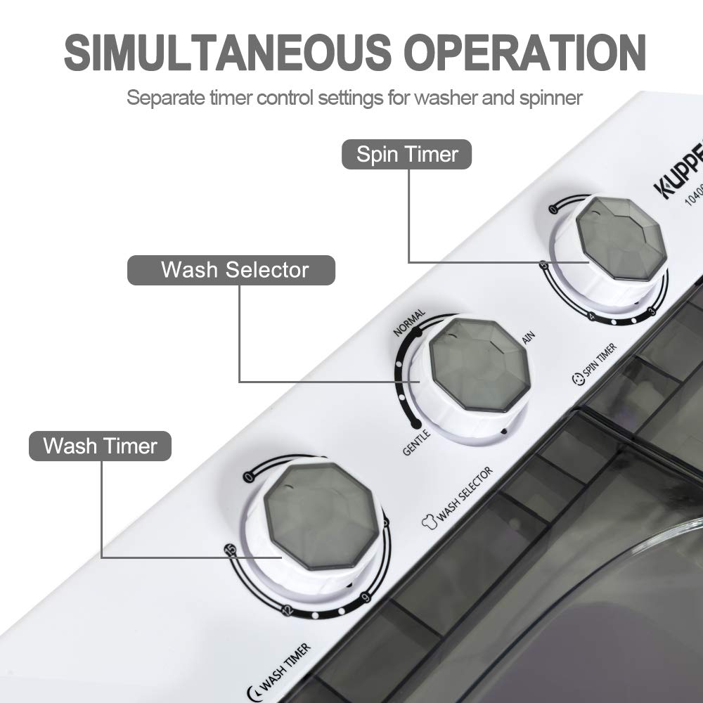 KUPPET Compact Twin Tub Portable Mini Washing Machine 26lbs Capacity, Washer(18lbs)&Spiner(8lbs)/Built-in Drain Pump/Semi-Automatic (White&Gray)