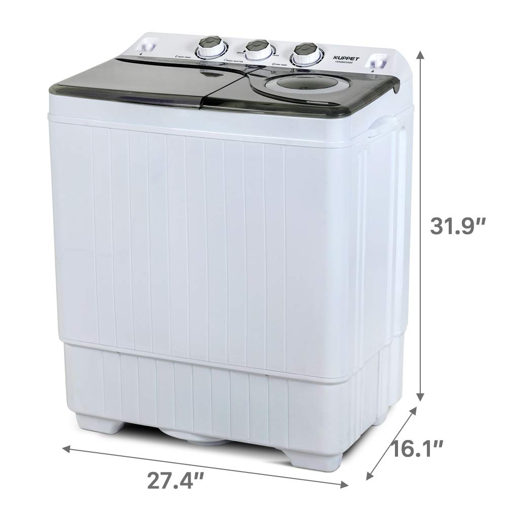 KUPPET Compact Twin Tub Portable Mini Washing Machine 26lbs Capacity, Washer(18lbs)&Spiner(8lbs)/Built-in Drain Pump/Semi-Automatic (White&Gray)