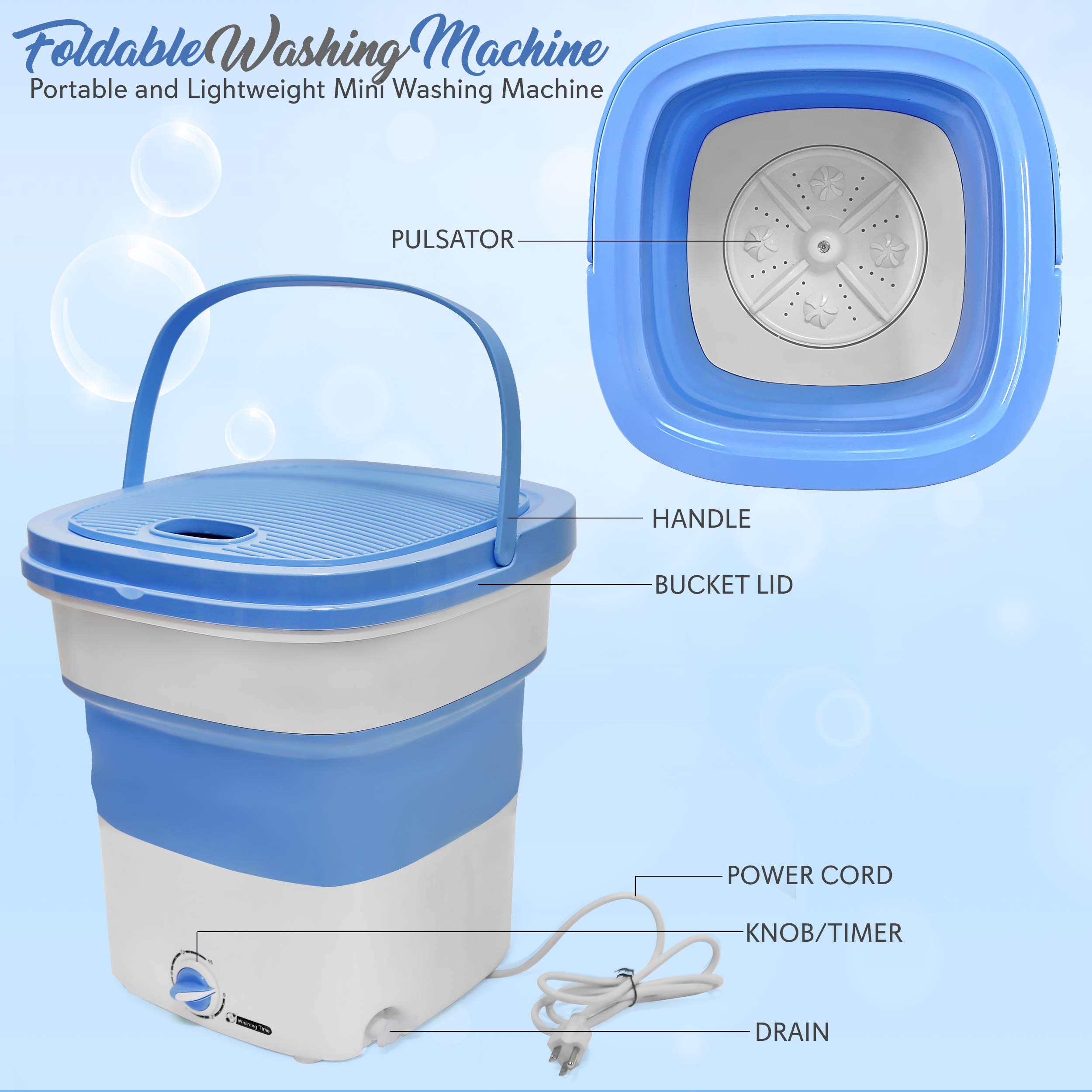 PURE CLEAN Portable Mini Washing Machine Lightweight Collapsible Bucket - Perfect for Camping, Travelling, Apartment, Dorm USA Brand - Pure Clean PUCWM33.5, light blue