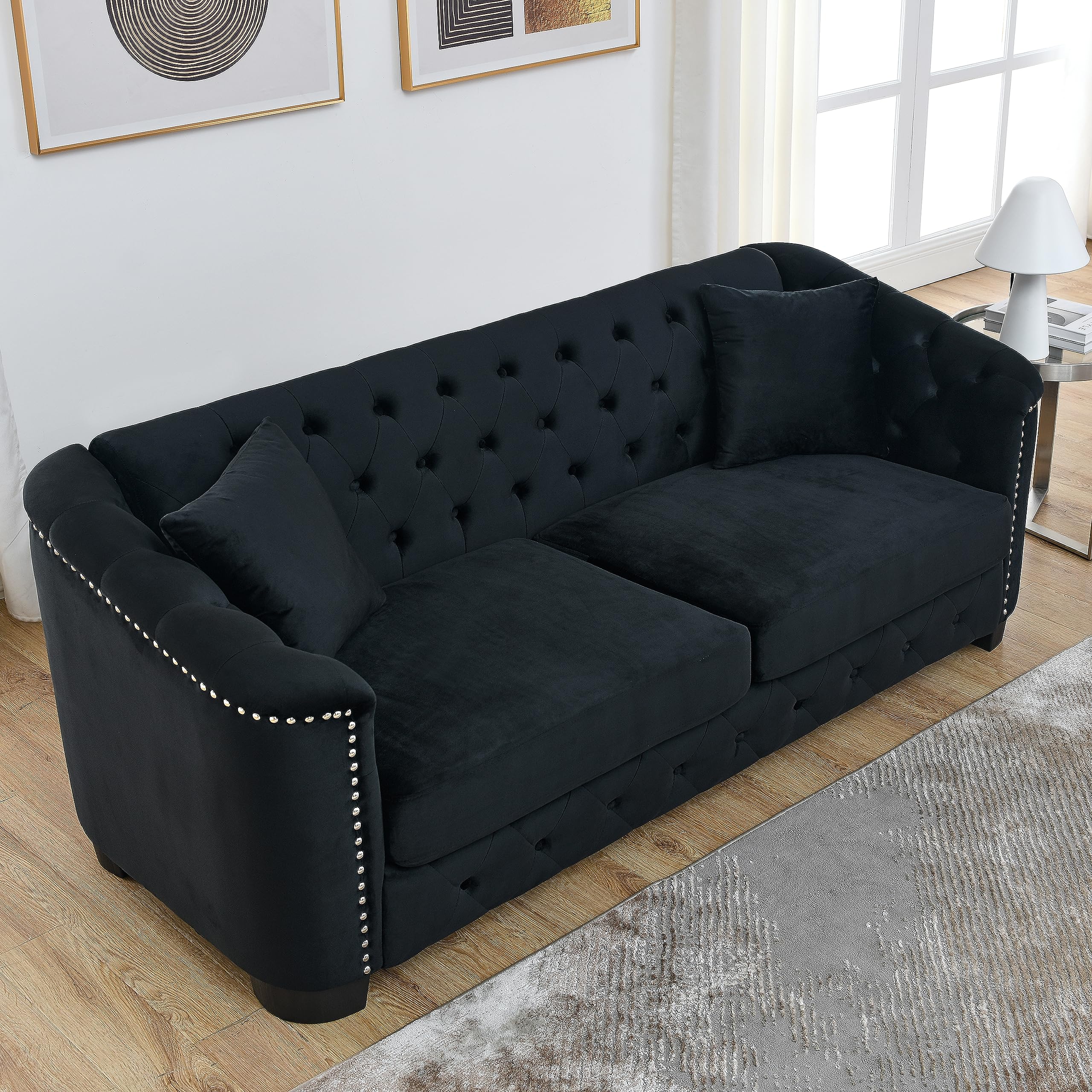 Goohome 77" Modern Chesterfield Sofa 3-Seater, Velvet Loveseat Sofá Couches for Living Room, Comforty Upholstered Tufted Backrests with Nailhead Arms and 2 Cushions, for Apartment Bedroom, B-Black A