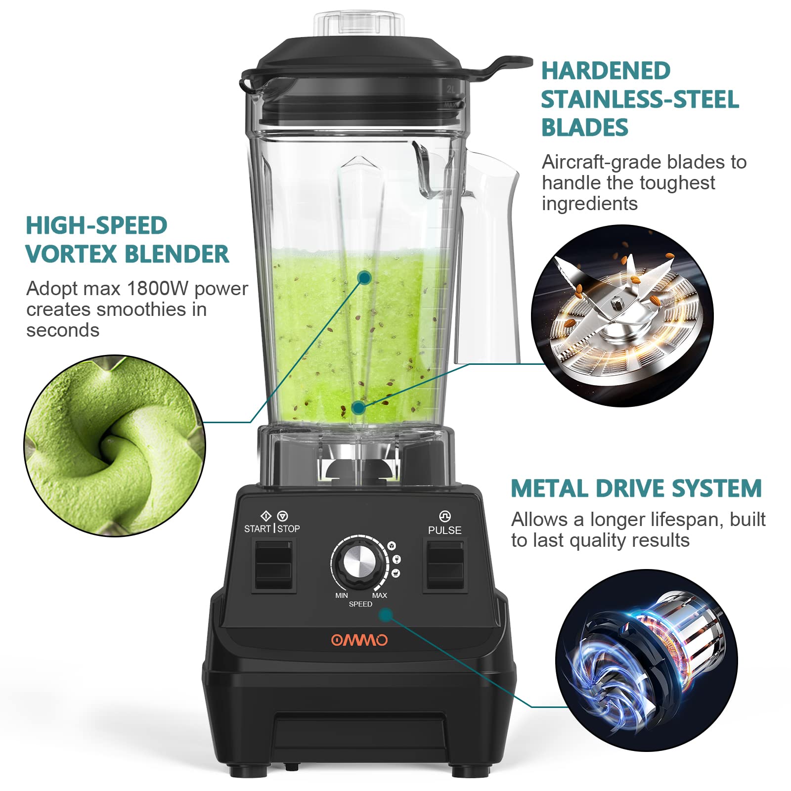 OMMO Professional Blender, Countertop Blenders for Kitchen Max 1800W, Home and Commercial Blender with Timer, 68oz BPA Free Blender for Shakes and Smoothies, Nuts, Ice and Fruits, Dishwasher Safe