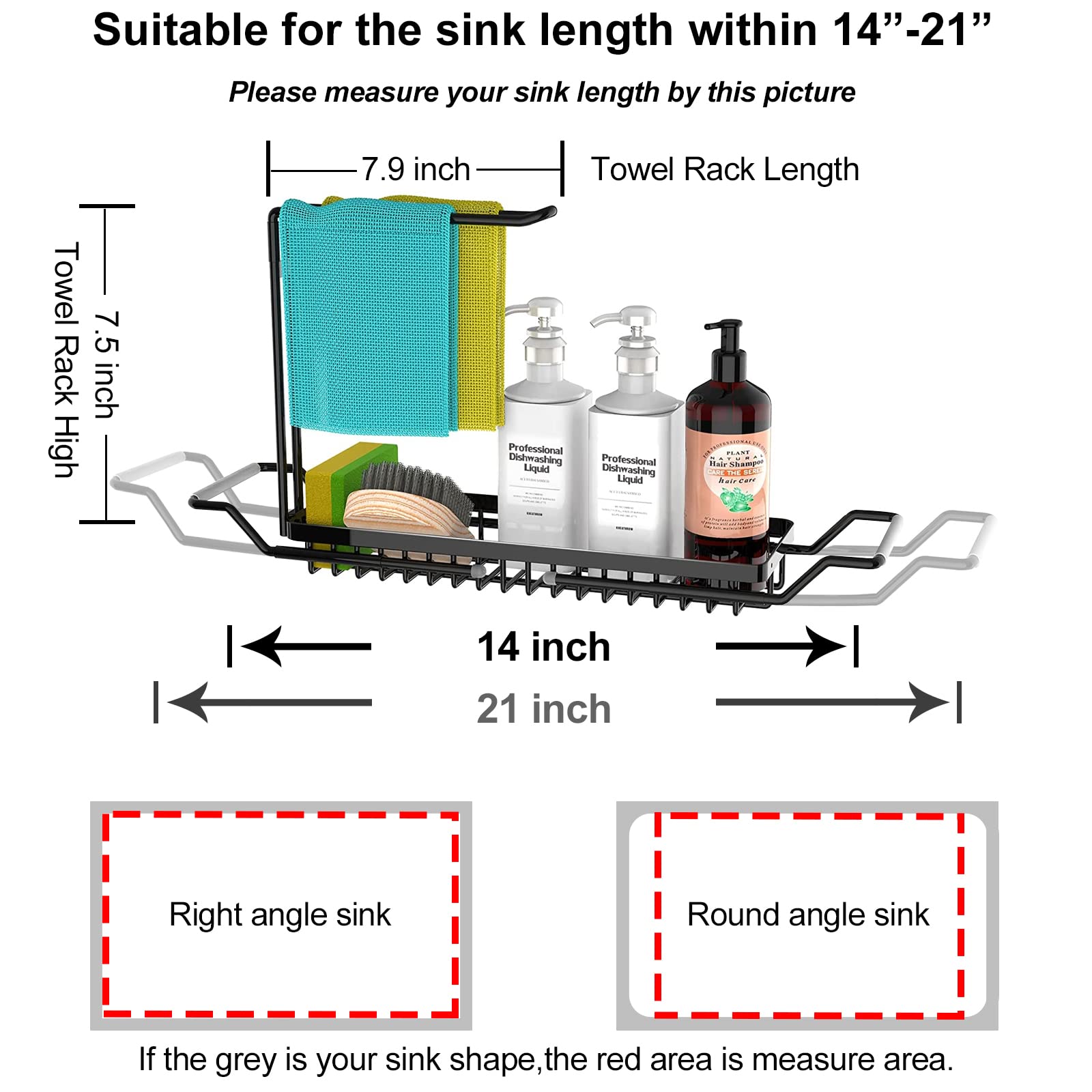 Sink Caddy, Expandable Kitchen Sink Organizer,Stainless Steel Sponge Holder for Kitchen Sink,Over Sink Kitchen Caddy with Dishcloth Towel Holder,Telescopic Sink Rack for Soap,Scrubber Brush (Black)