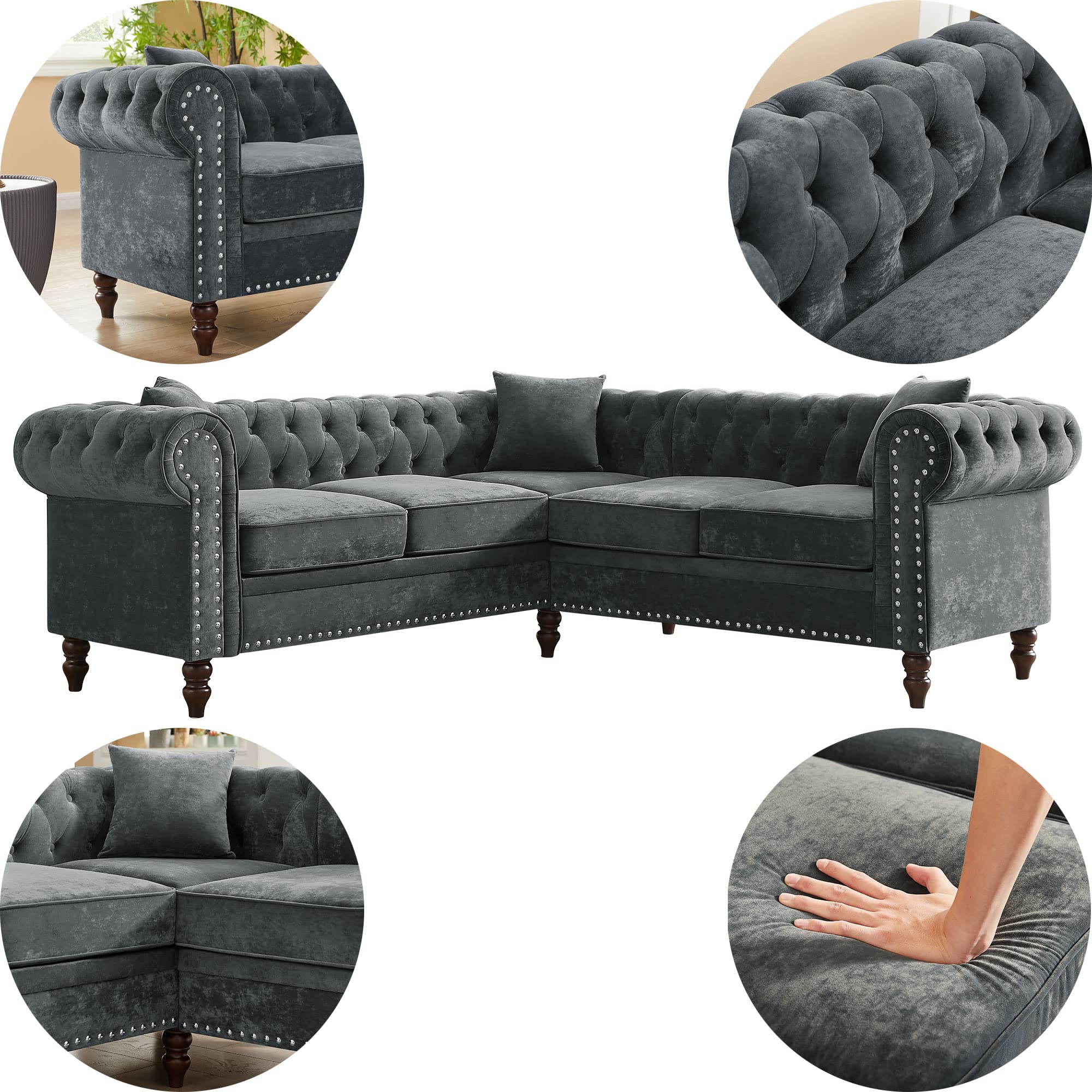 SZUBEE 80" Deep Button Tufted Upholstered L-Shaped Sofa-Luxury Classic Chesterfield Style-Includes 3 Pillows-Perfect for Living Room, Large Spaces,Grey Velvet